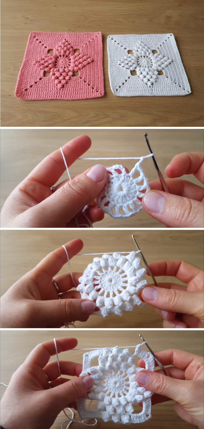 Popcorn Stitch Flower Square - Handmade Learning Here